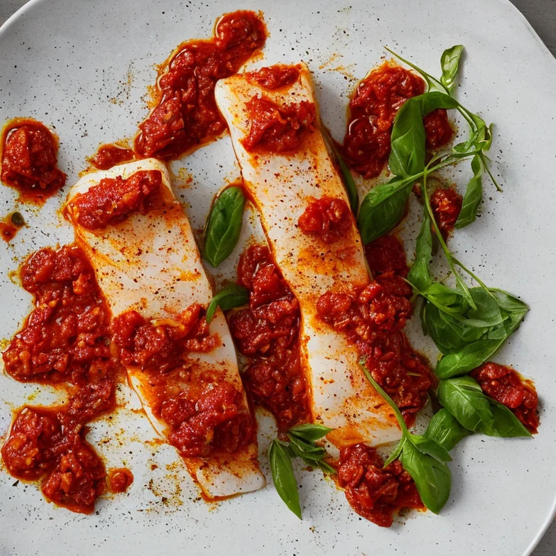 Røget hellefisk med tomatpasta